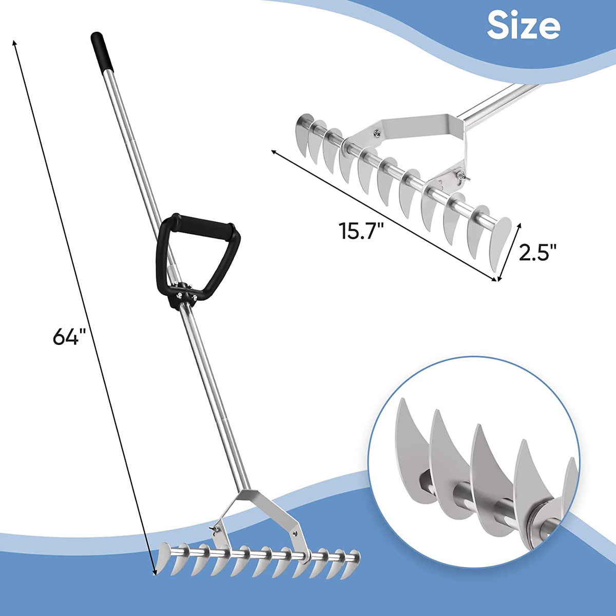 DACK 64" Thatch Rake,Dethatcher Lawn Rake with Back-Saving Handle,Curv ...