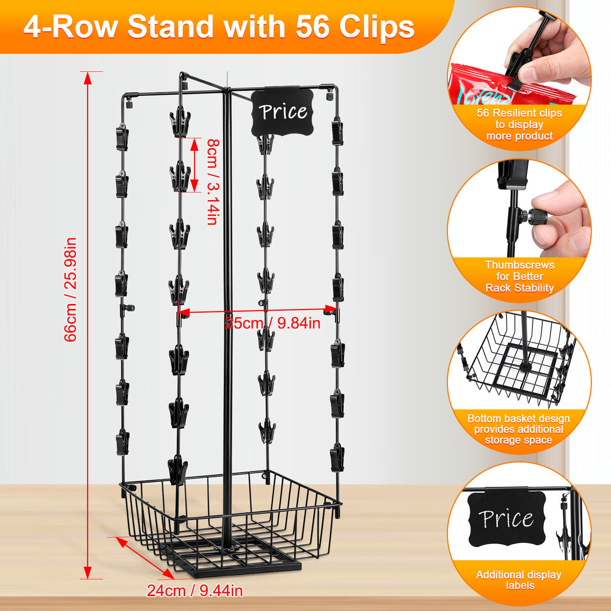GADFISH Chip Rack Display Stand with Basket, 4-Row 56 Clips Snack Reta ...