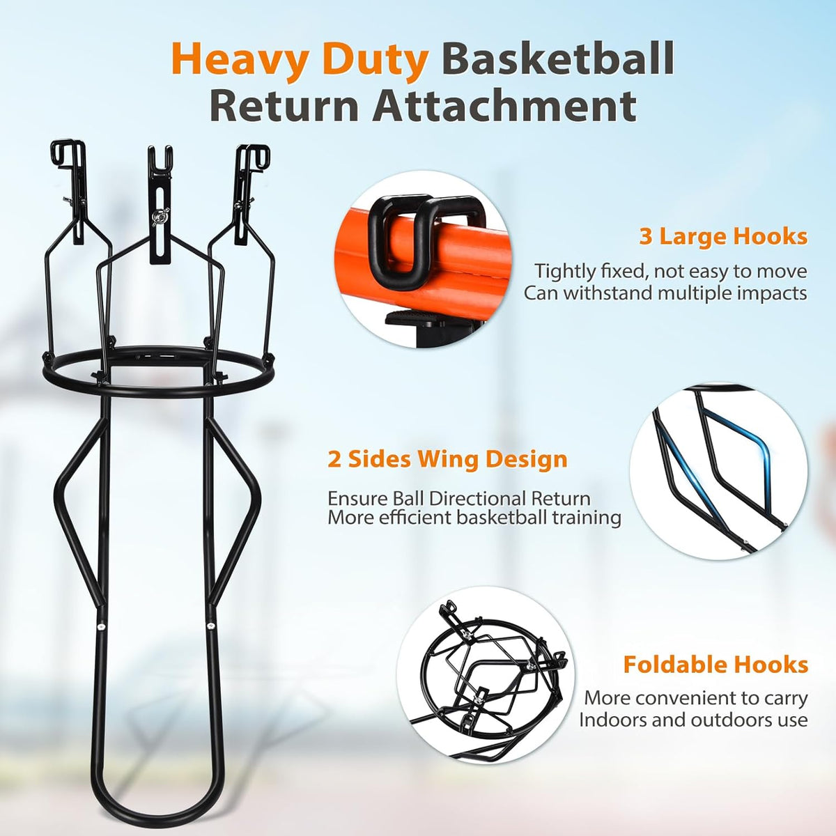 Basketball Return Attachment, Heavy Duty Basketball Rebounder with 3 S ...